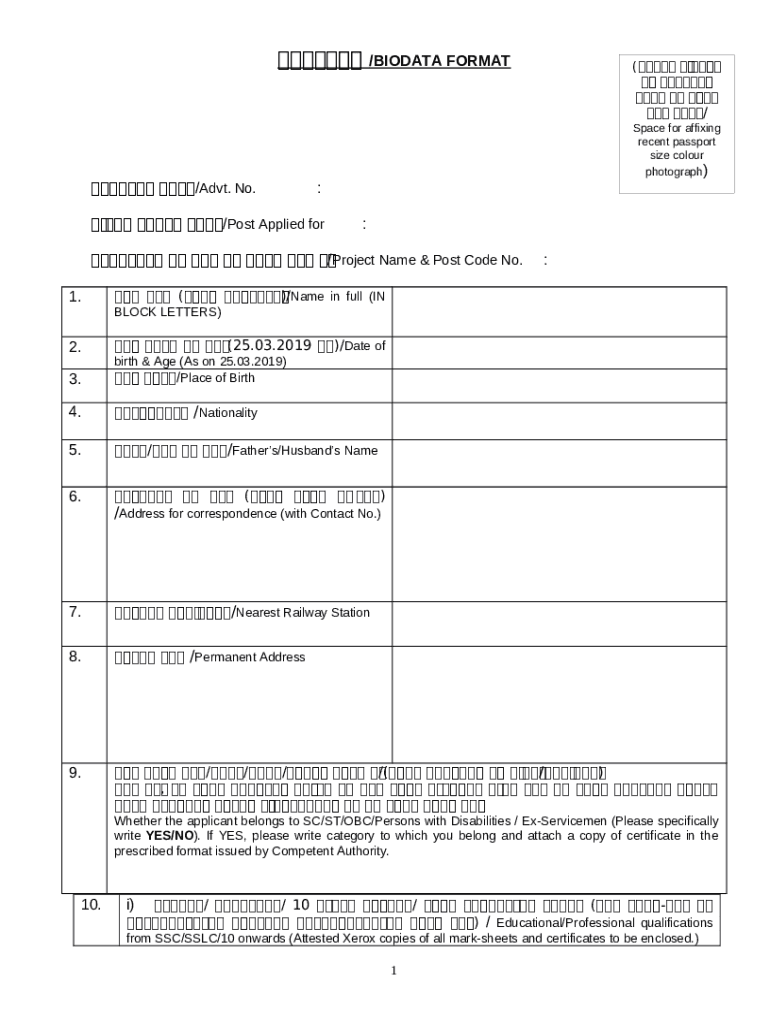 Biodata for Project Employment - nesac gov Doc Template | pdfFiller