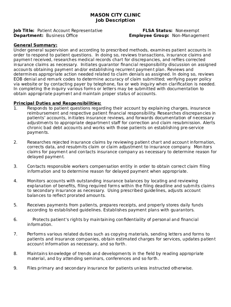 Patient Account Manager FLSA Status: Exempt Job Code: ... Doc Template | pdfFiller