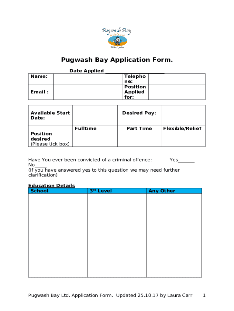 Pugwash Bay Application Doc Template | pdfFiller