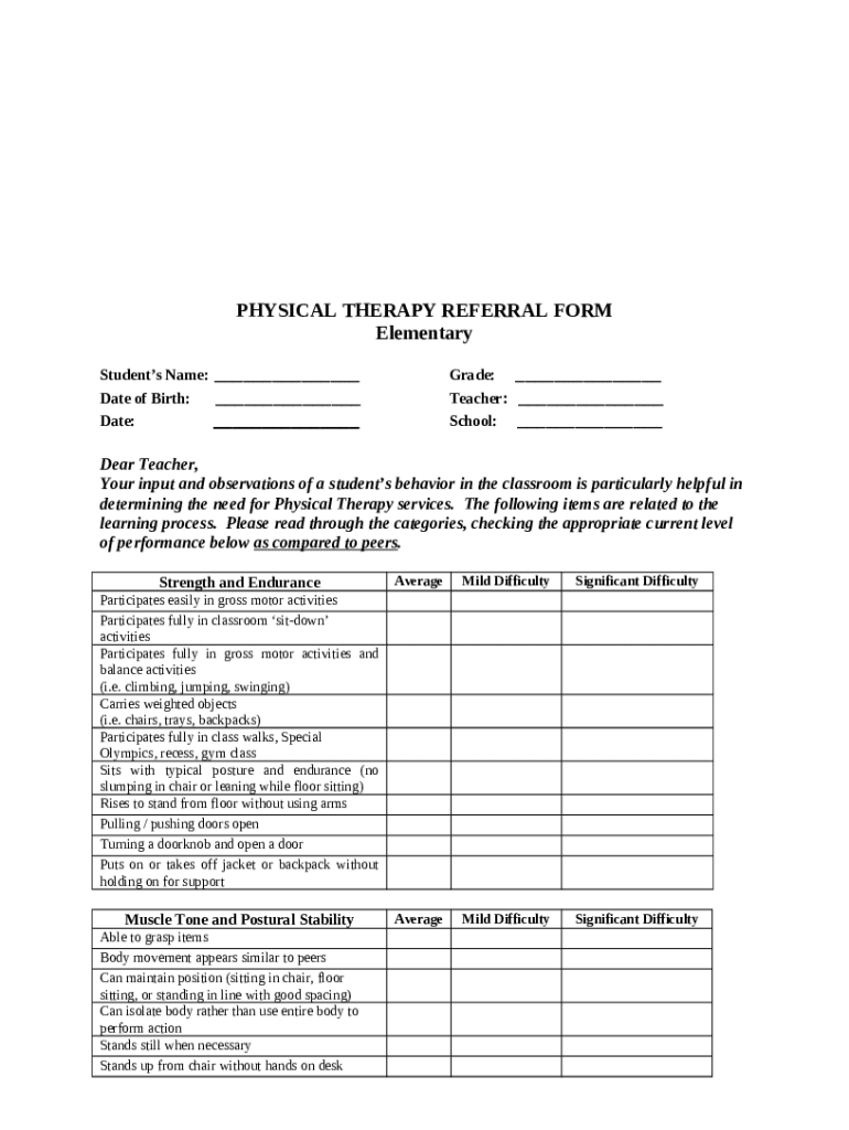 PHYSICAL THERAPY REFERRAL Elementary Doc Template | pdfFiller