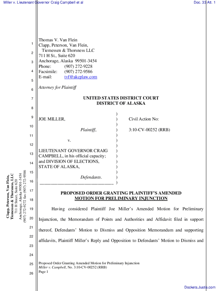 Fillable Online MOTION for Preliminary Injunction Amended by Joe Miller. (Attachments. 3 Fax ...