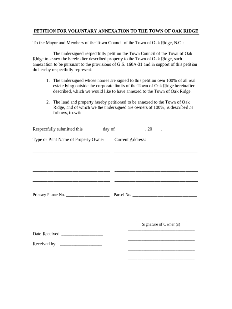 PETITION FOR VOLUNTARY ANNEXATION TO THE TOWN OF OAK RIDGE OF A ...