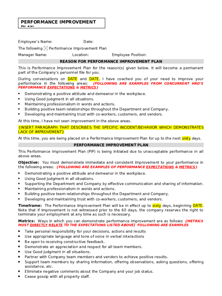 is a perance improvement plan always going to end ... Doc Template | pdfFiller