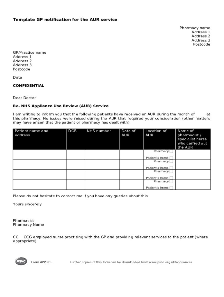 Template GP notification for the AUR service Doc Template | pdfFiller