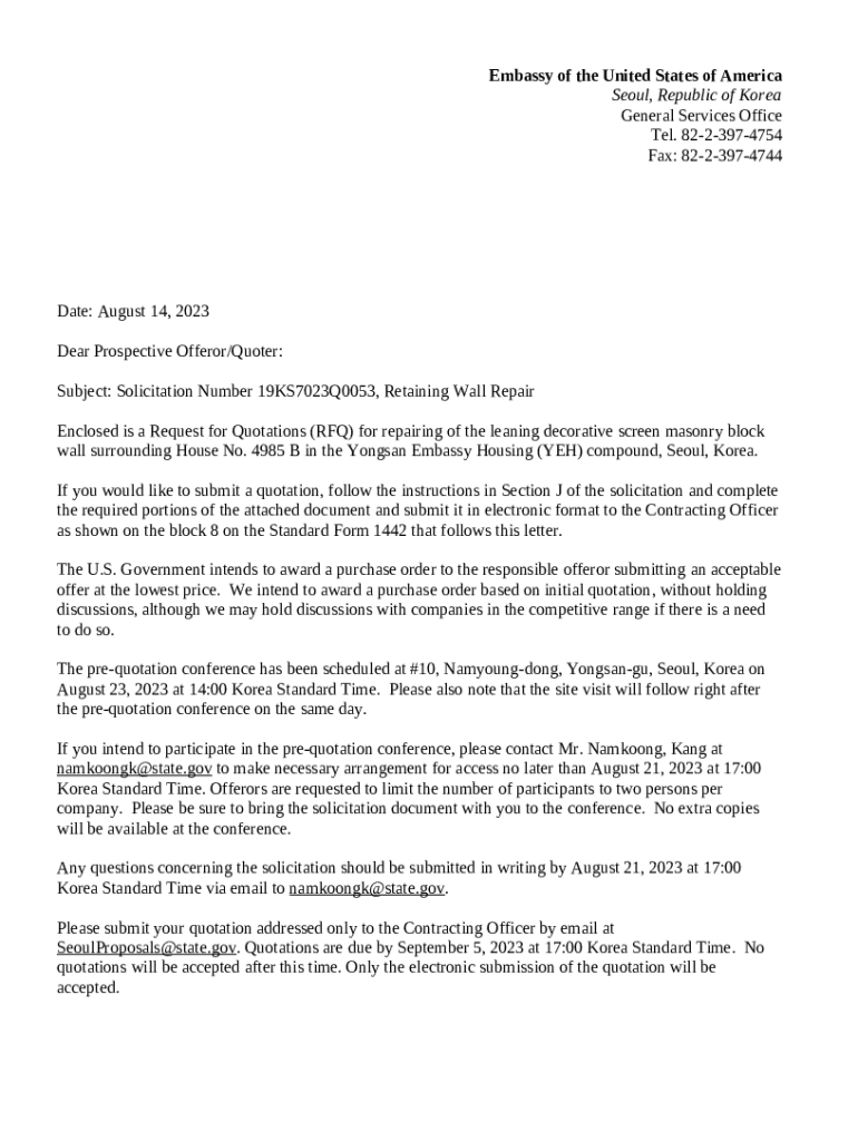 Subject: Solicitation Number 19KS7023Q0053, Retaining Wall Repair Doc Template | pdfFiller