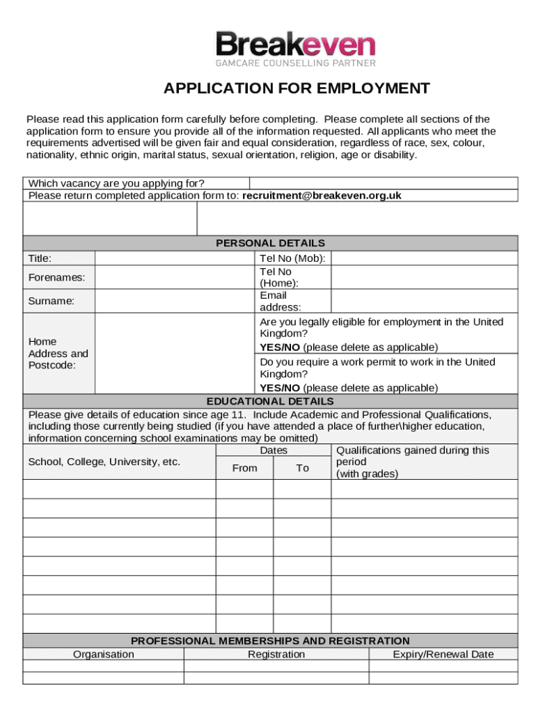 Application - Breakeven Doc Template | pdfFiller
