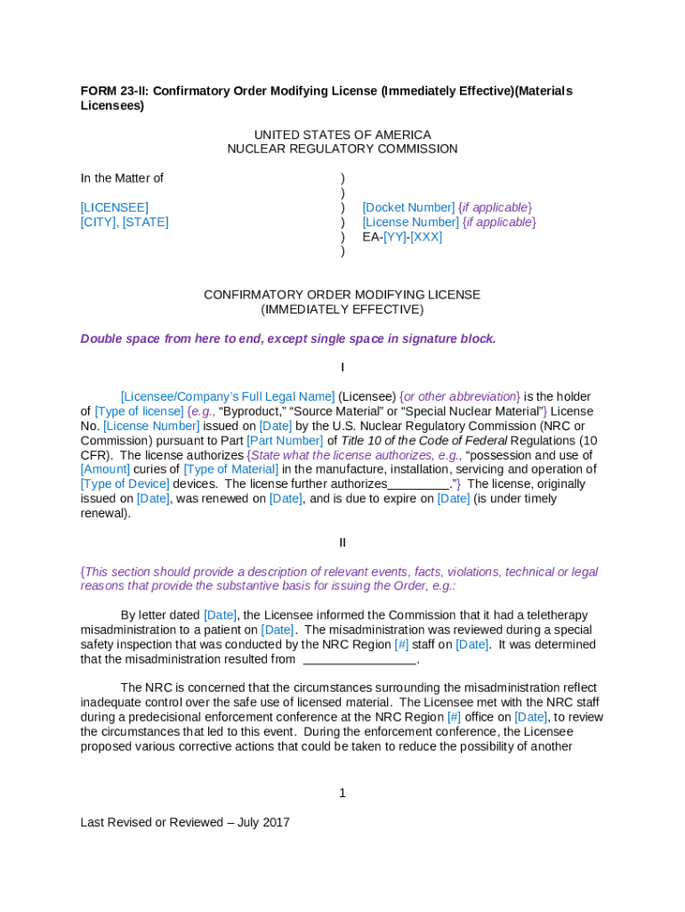 23-II: Confirmatory Order Modifying License (Effective ... Doc Template ...