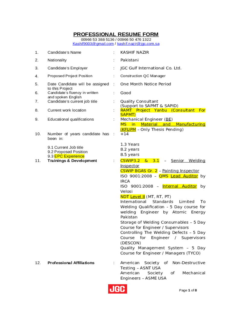 PROFESSIONAL RESUME Doc Template | pdfFiller