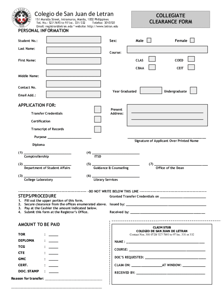 Fillable Online Clearance Form- Graduate School.pdf - Letran Registrar ...