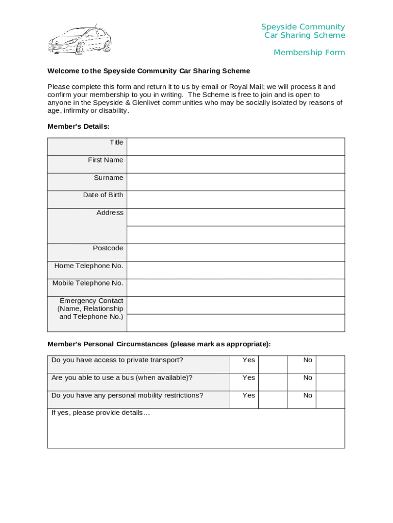 Speyside Community Car Sharing Scheme Membership Doc Template | pdfFiller