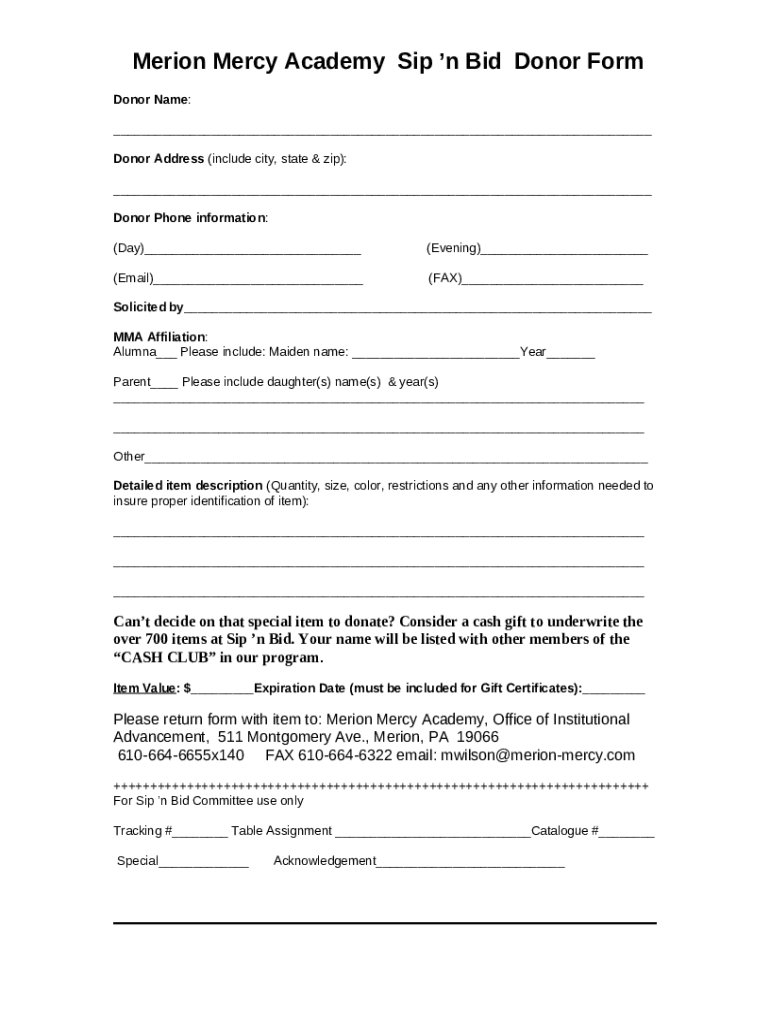 Merion Mercy Academy Sip n' Bid Donor Doc Template | pdfFiller