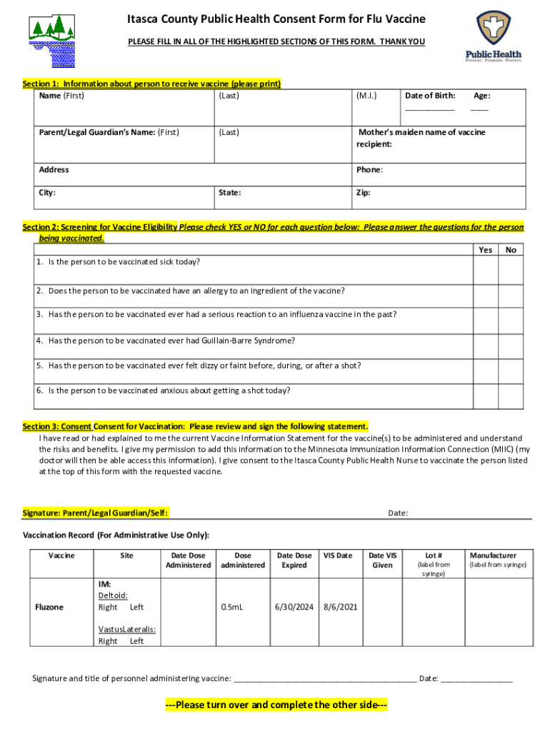 Fillable Online Itasca County Public Health Consent Form for Flu ...