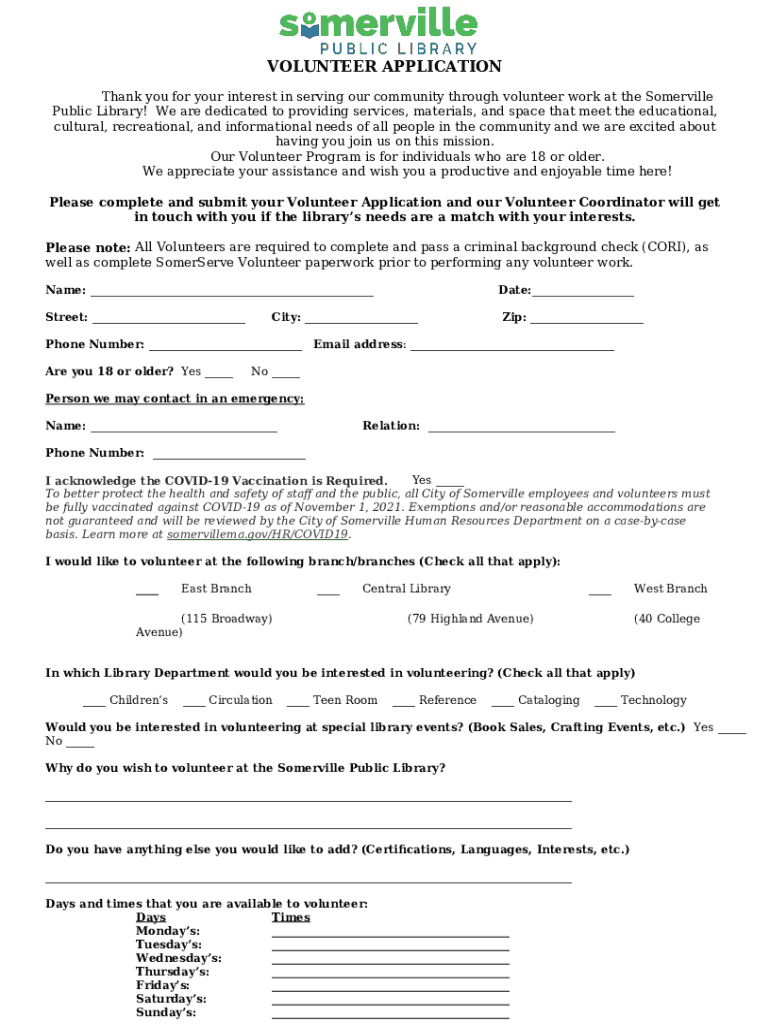 ESL Program Volunteer Somerville Public Library Doc Template | pdfFiller