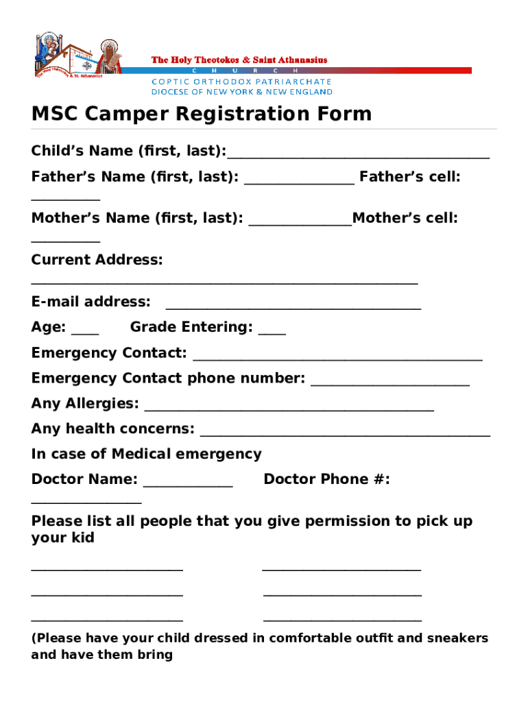 CAMPER REGISTRATION Ages 7 to 11 Doc Template | pdfFiller