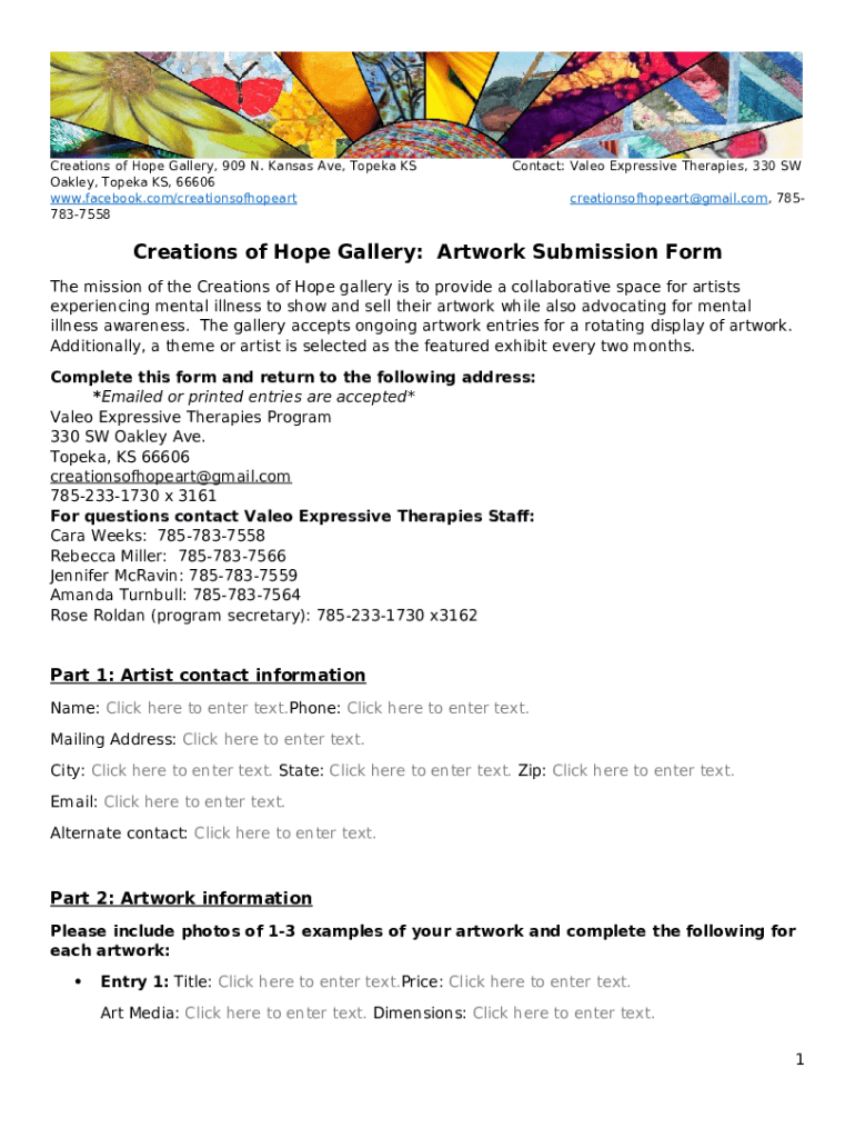Creations of Hope Gallery: Artwork Submission Doc Template | pdfFiller