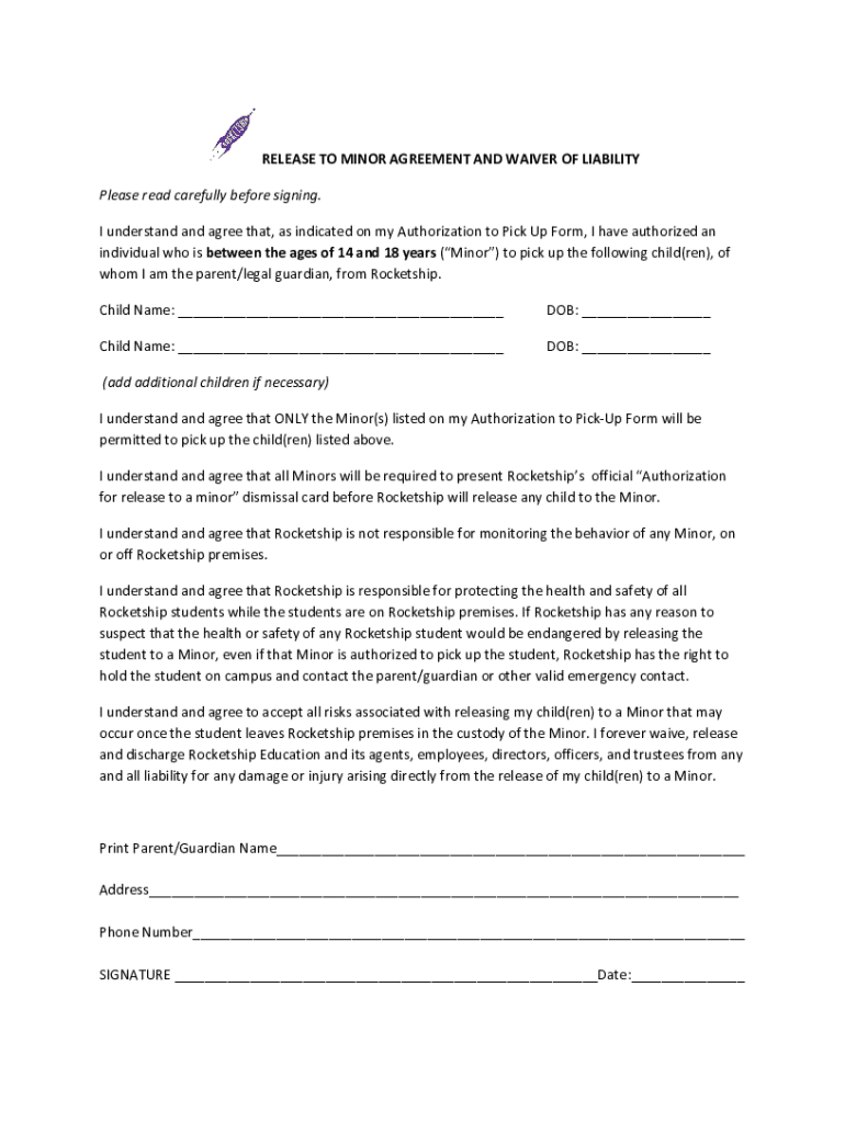 Fillable Online Release to Minor Agreement and Waiver of Liability Fax ...