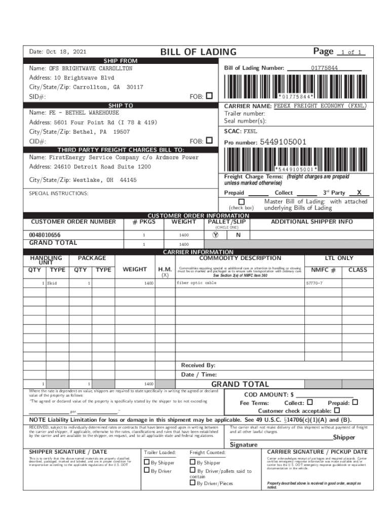 Fillable Online BILL OF LADING - FirstEnergy Services Freight Route Guide Fax Email Print ...