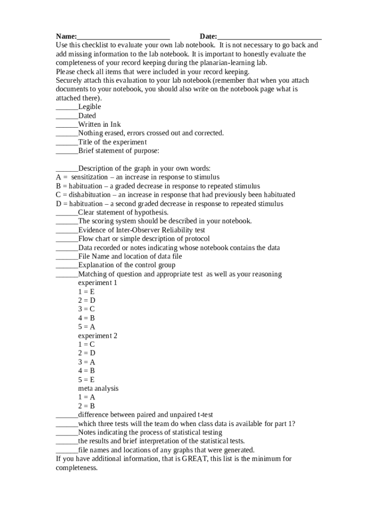 Lab Notebook check sheet for the Planarian Learning Lab Doc Template ...