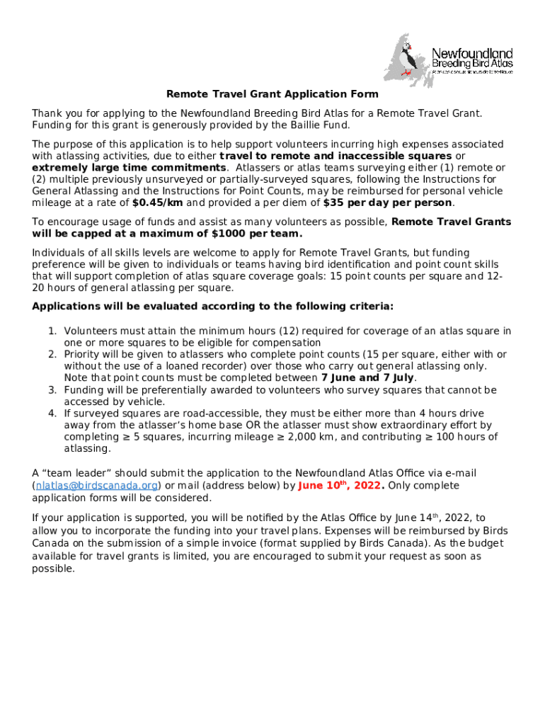 Remote Travel Grant Application Doc Template | pdfFiller