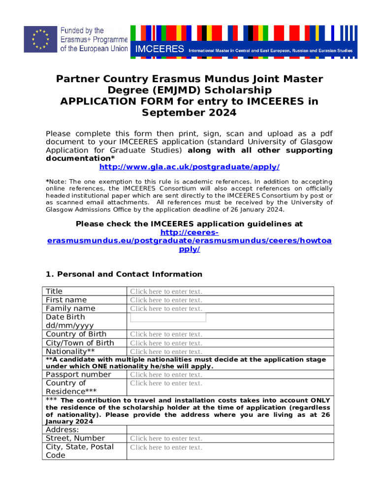 EMJMD Scholarship Application (Erasmus Mundus Joint ... Doc Template | pdfFiller