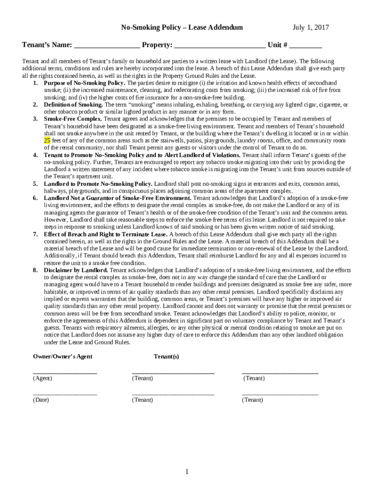 Smoke-Free Lease Addendum Template (2) Doc Template | pdfFiller