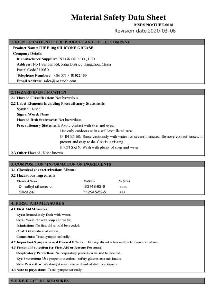 Fillable Online SAFETY DATA SHEET Silicone Grease Compound Fax Email ...