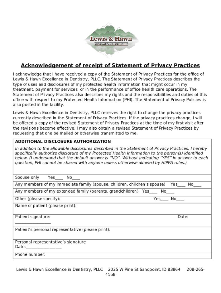 Acknowledgement of Receipt of Privacy Practices - Blank Fillable ...