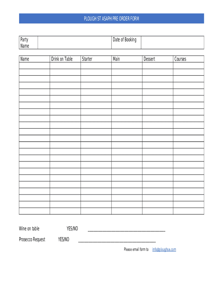 PLOUGH ST ASAPH pre order Doc Template | pdfFiller