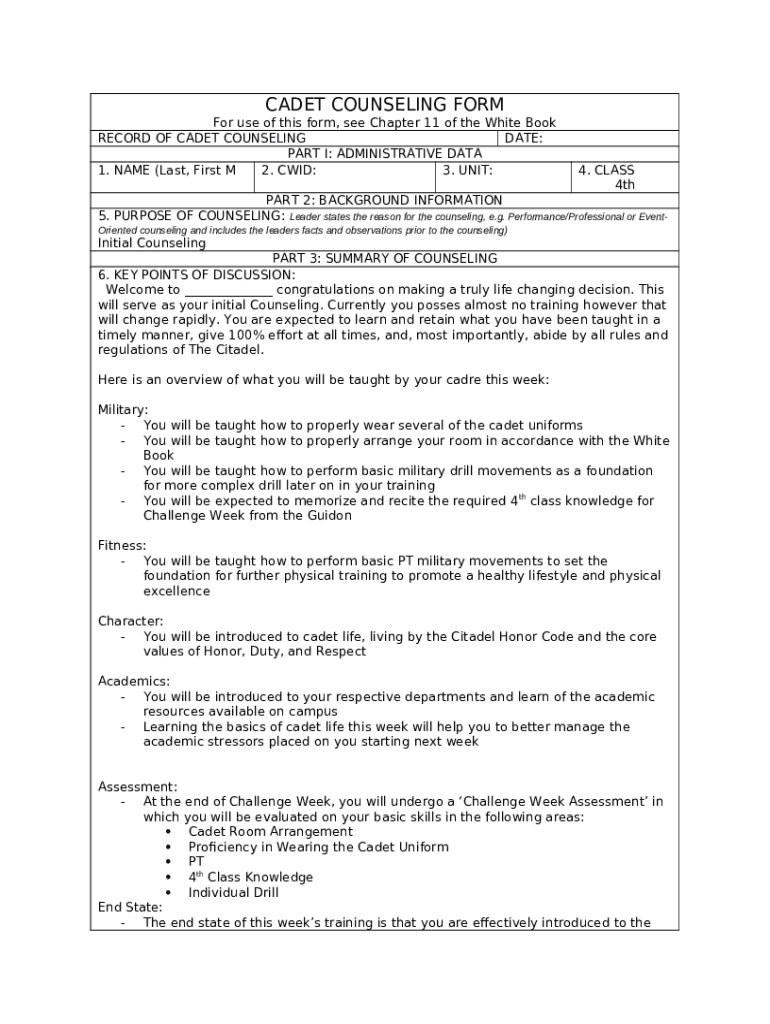 CADET FEEDBACK, COUNSELING & MENTORING Doc Template | pdfFiller CADET FEEDBACK, COUNSELING & MENTORING Doc Template | pdfFiller