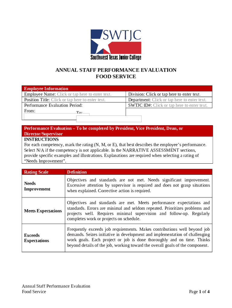 annual staff perance evaluation food service Doc Template | pdfFiller