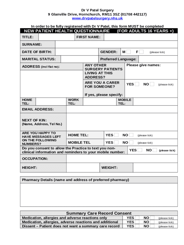 Dr V Patel Hornchurch - Fill Online, Printable, , Blank Doc Template | pdfFiller
