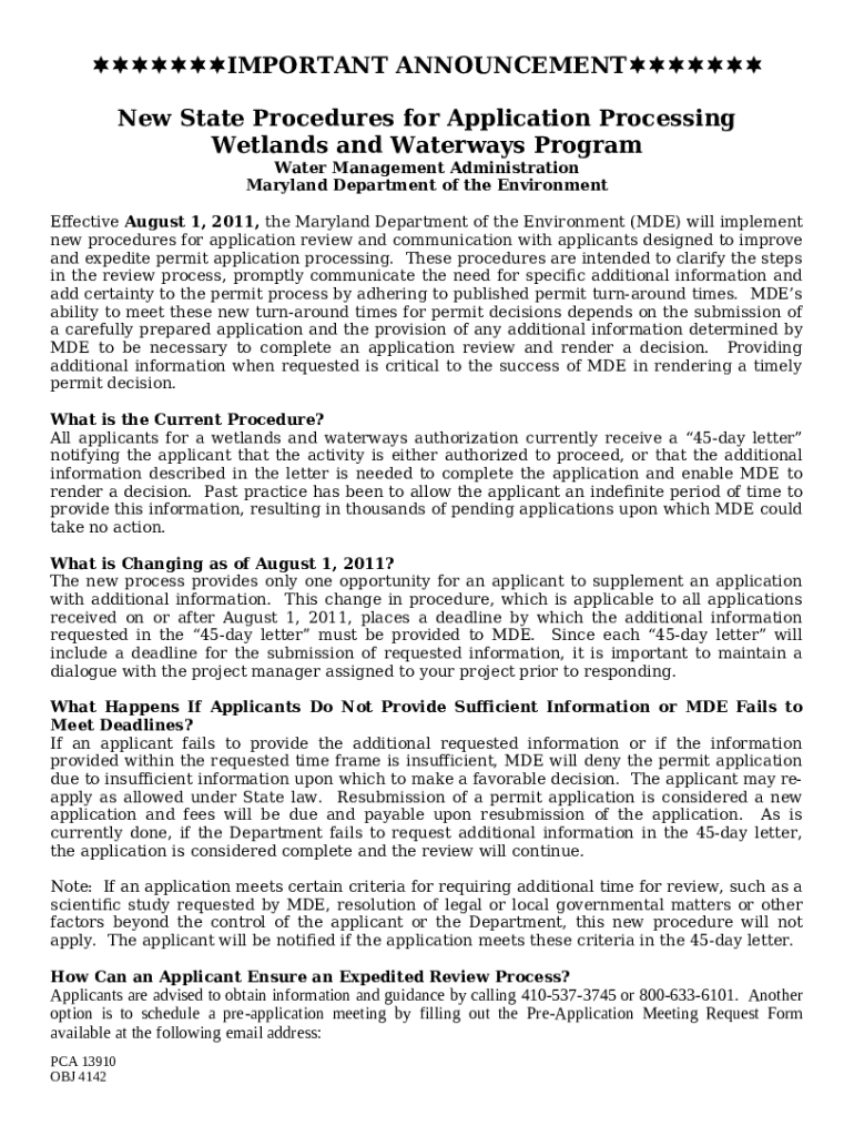 Nontidal Wetland and Waterway Permits, Approvals and ... - mde maryland Doc Template | pdfFiller