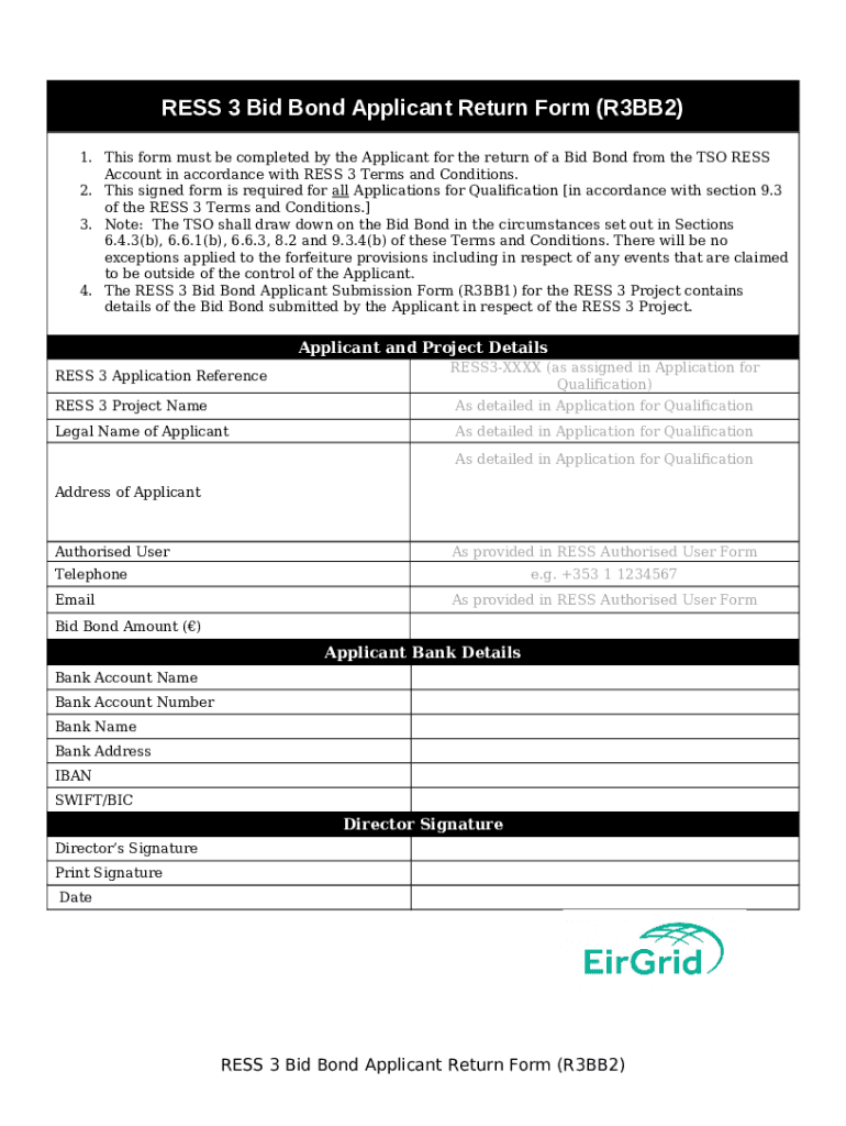 RESS 3 Bid Bond Applicant Return (R3BB2) Doc Template | pdfFiller