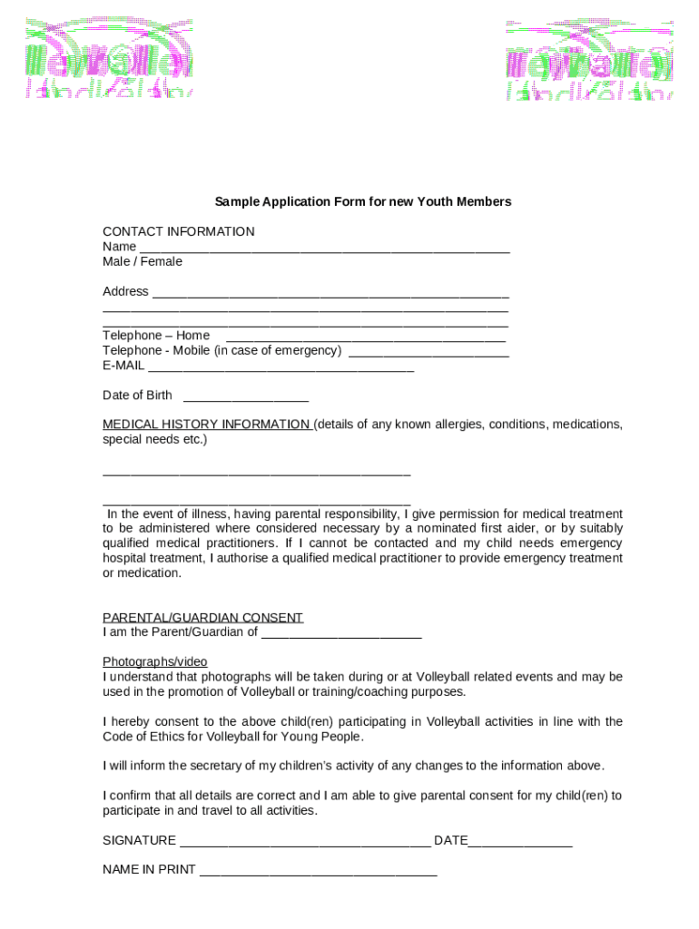 Sample Application for new Youth Members Doc Template | pdfFiller