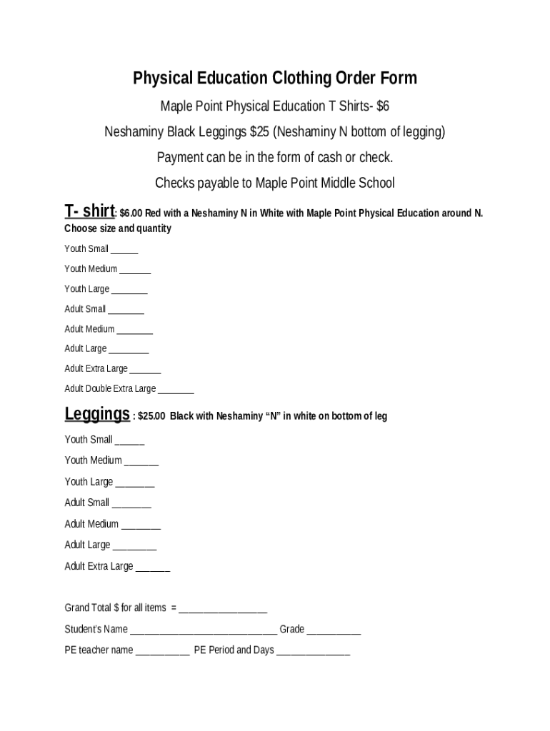 Health & Physical Education / PE CLOTHING ORDER Doc Template | pdfFiller