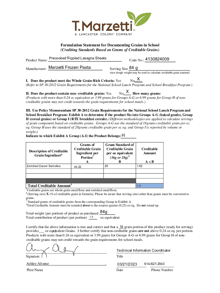 Fillable Online Formulation Statement for Documenting Grains in School ...