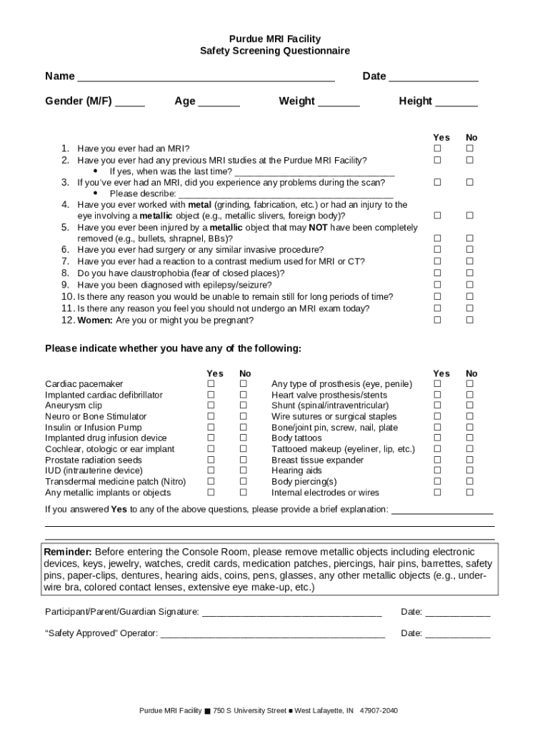 Purdue MRI Facility Safety Screening Doc Template | pdfFiller