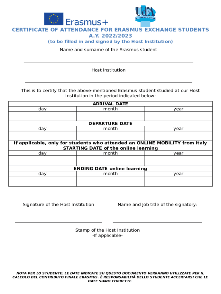 Erasmus+ arrival / departure certificate Academic Year ... Doc Template ...