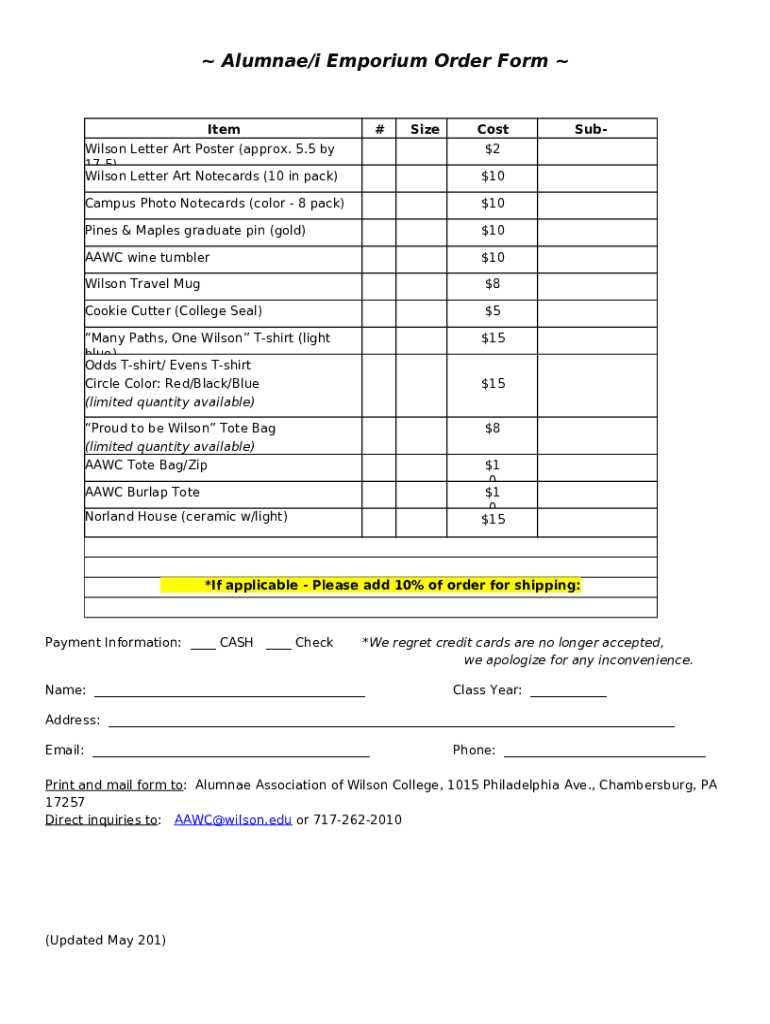 Alumni Association Memorabilia Gifts Order Web Doc Template | pdfFiller