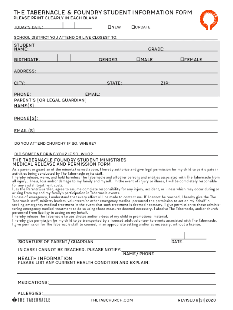 Fillable Online THE TABERNACLE & foundry STUDENT INFORMATION FORM Fax ...