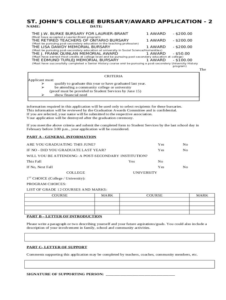 st. john's college bursary/award application Doc Template | pdfFiller