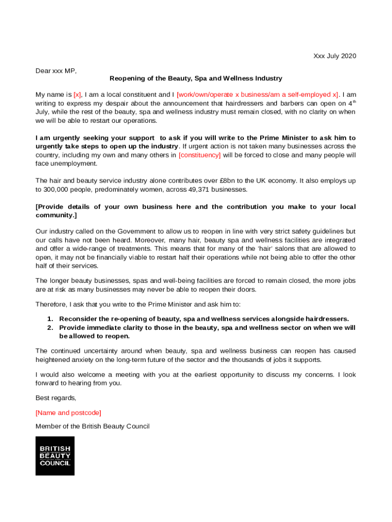 MP Letter Template - The British Beauty Council Doc Template | pdfFiller
