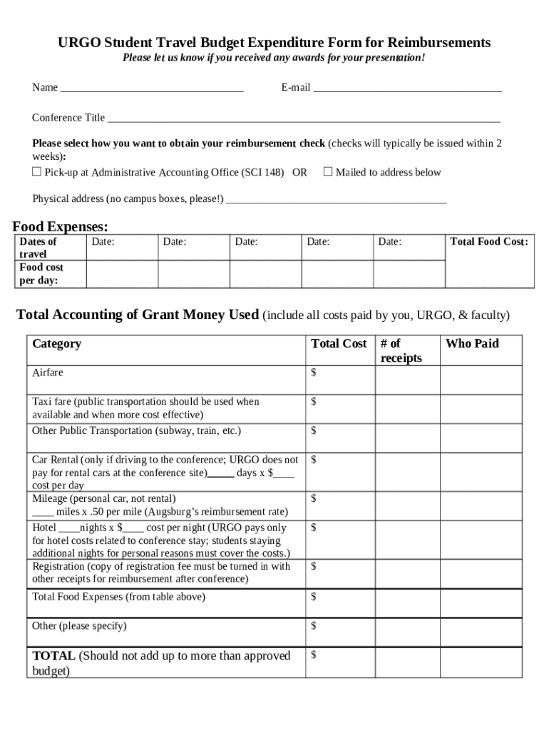 graduate student travel reimbursement worksheet Doc Template | pdfFiller