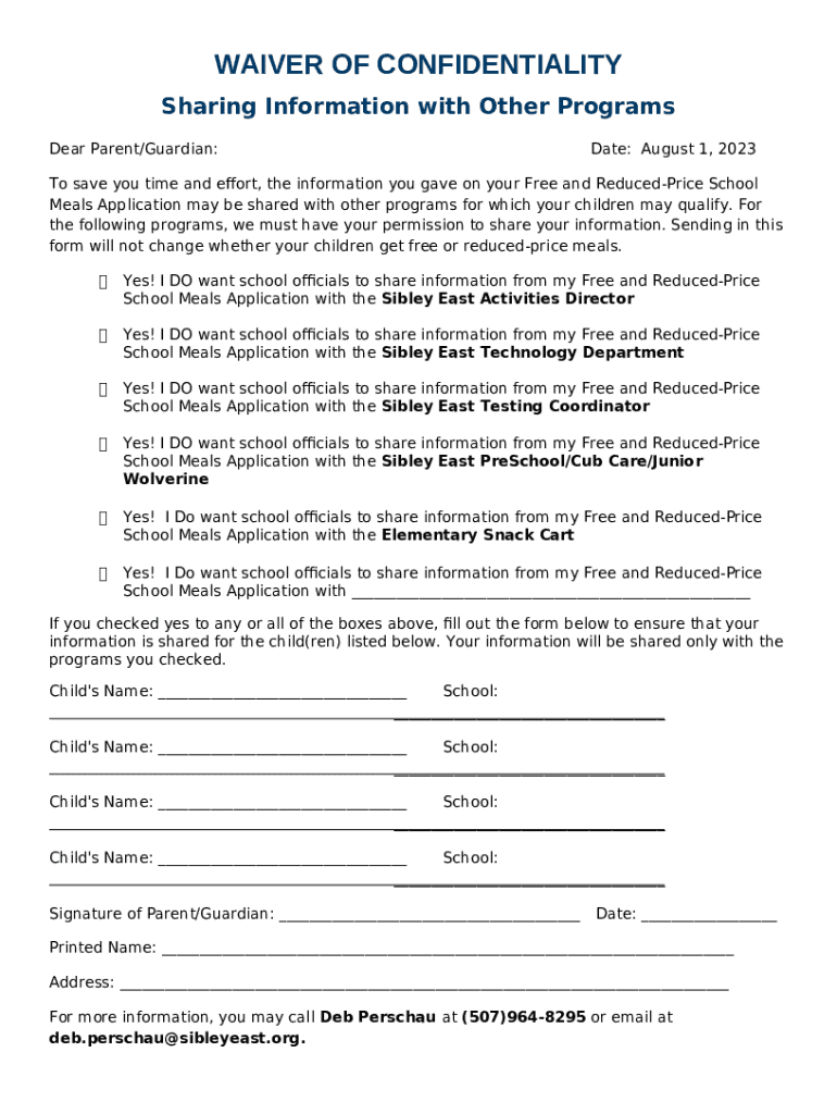 Parent/Guardian Waiver for Sharing Ination with ... - NET Doc Template | pdfFiller