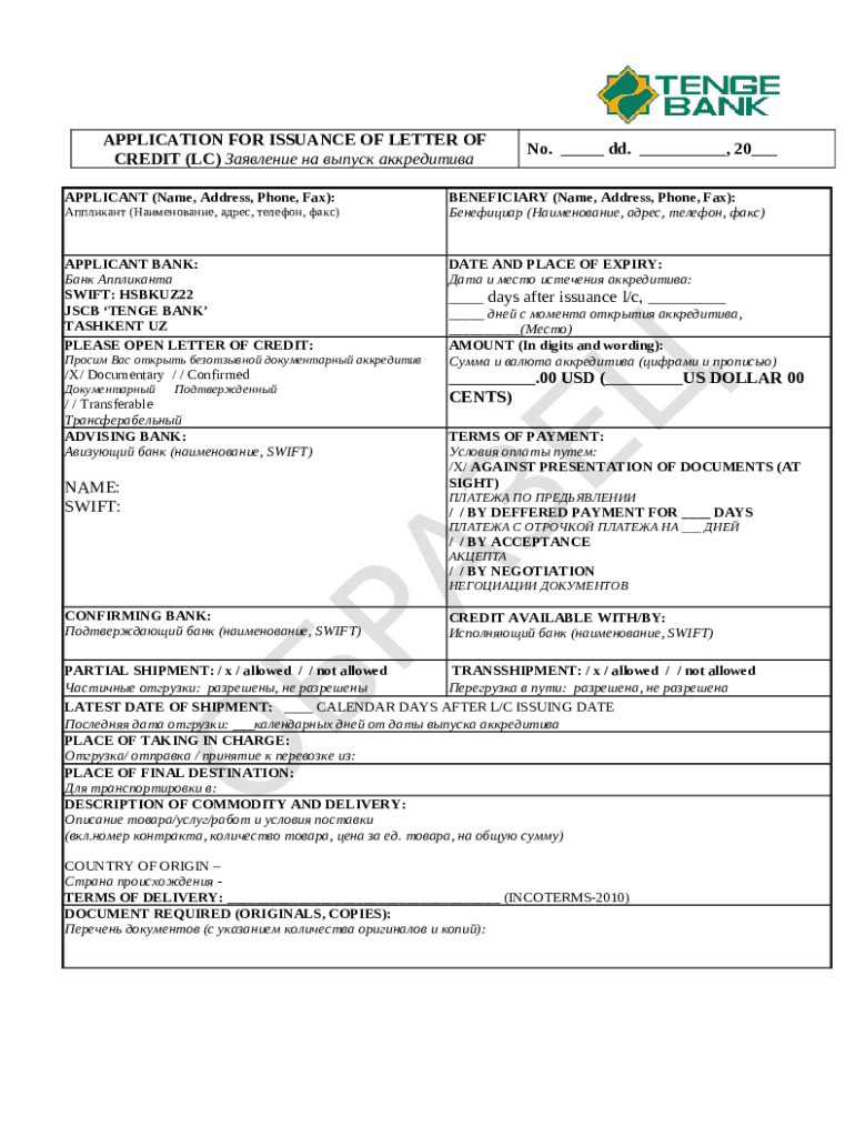 APPLICATION ON OPENING LETTER OF CREDIT No 1 Doc Template | pdfFiller