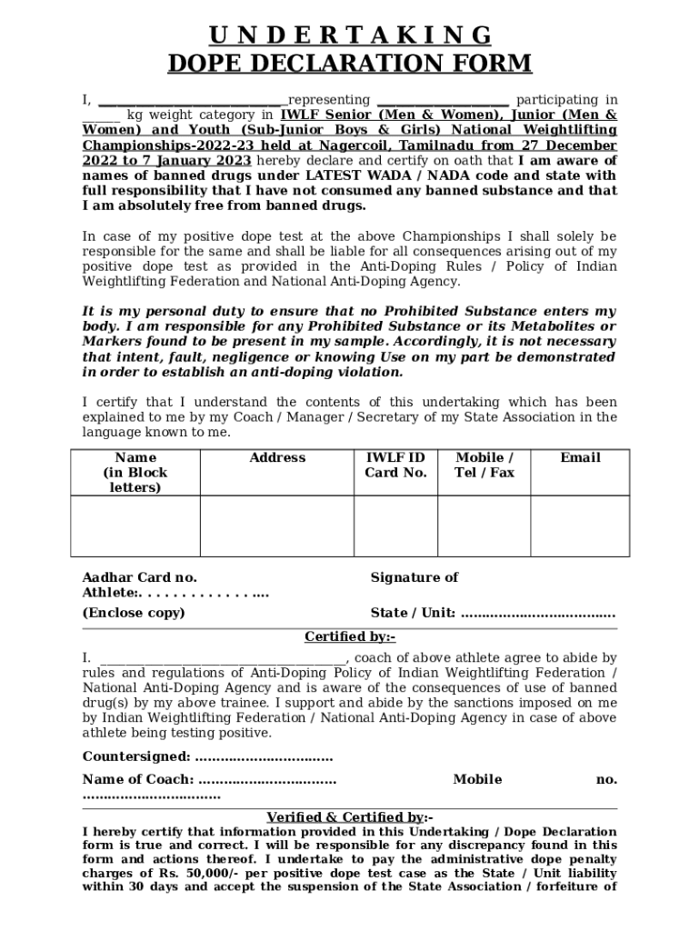 U N D E R T A K I N G DOPE DECLARATION Doc Template | pdfFiller