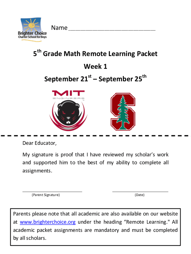 Fillable Online 5th Grade Math Distance Learning Packet Week 1 Fax ...