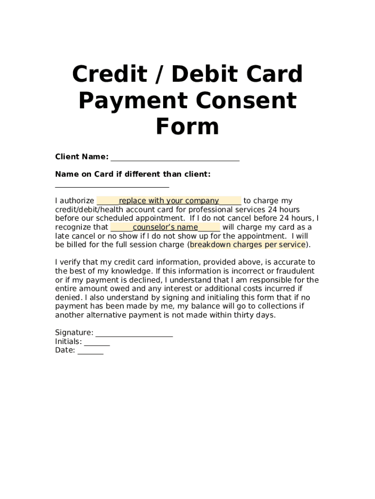 Credit / Debit Card Payment Consent Doc Template | pdfFiller