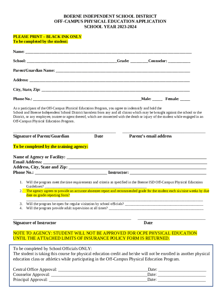 Off Campus PE Overview and Application Packet Doc Template | pdfFiller