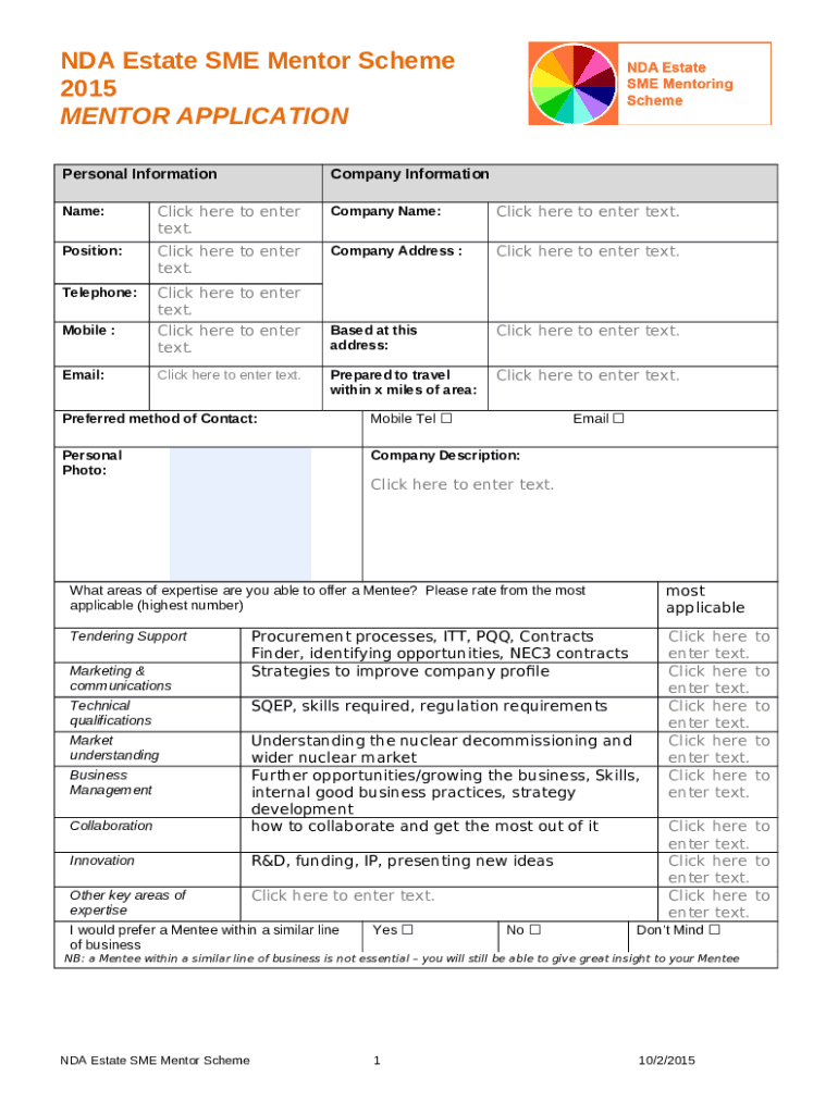 Application for becoming a mentor in NDA Mentoring Scheme Doc Template | pdfFiller